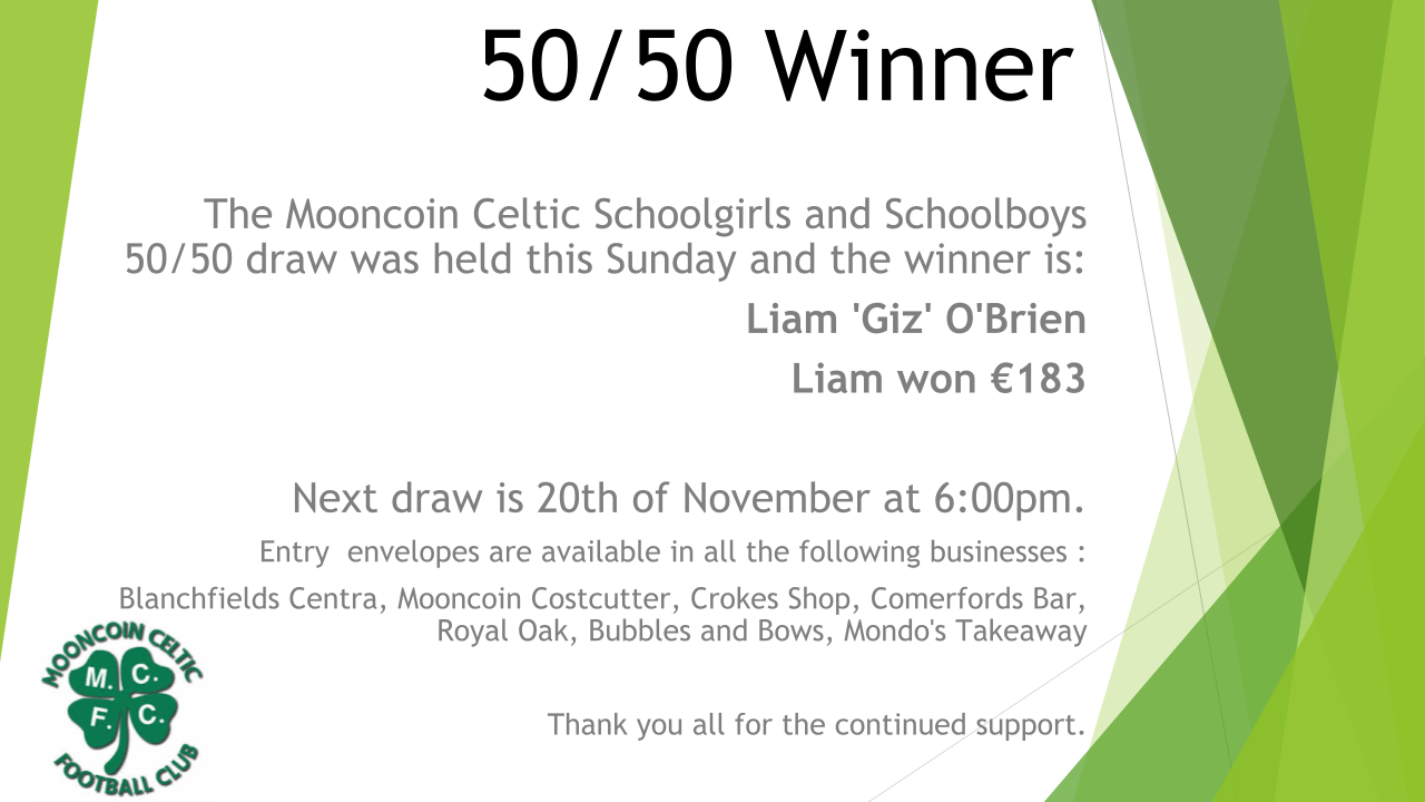 50-50 DRAW WINNER FOR Early November DRAW IS – Mooncoin Celtic FC