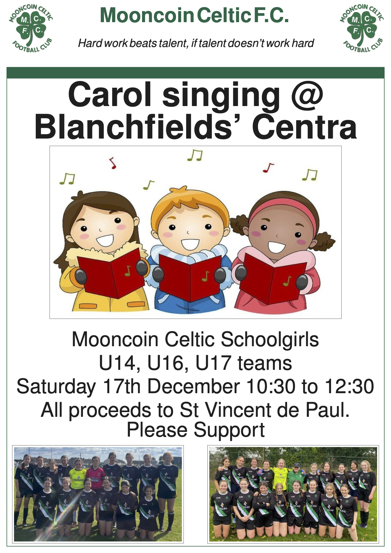 Carol singing at Blanchfields’ Centra Saturday – Mooncoin Celtic FC