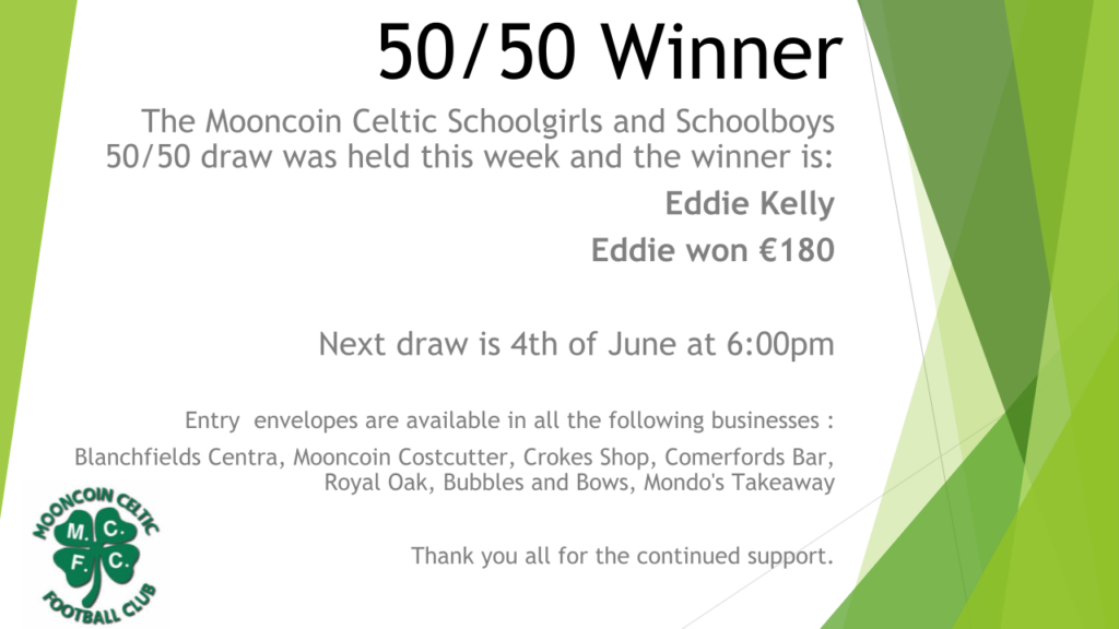Winner of 50-50 in late May Draw – Mooncoin Celtic FC