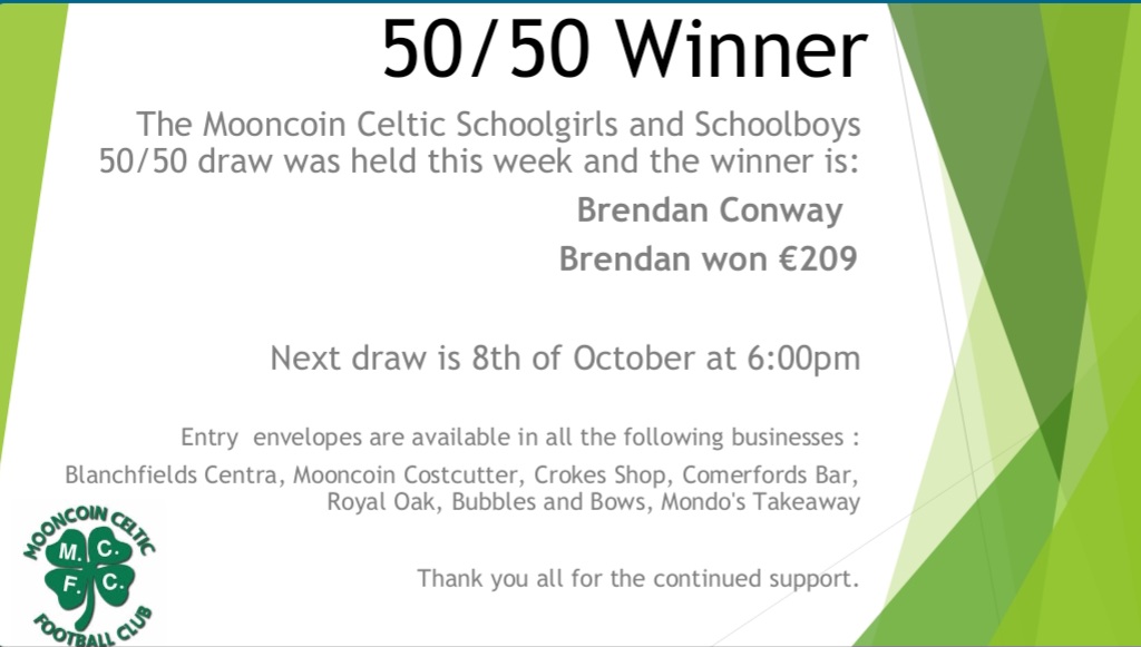 Latest 50/50 Winner – Mooncoin Celtic FC
